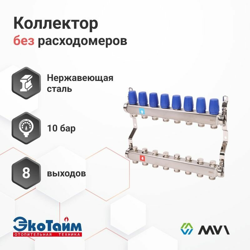 Коллектор MVI из нержавеющей стали в сборе для отопления, 8 выходов / контуров / отводов