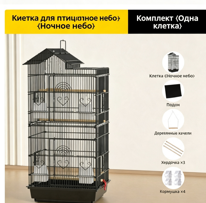 Просторная и удобная: большая клетка для птиц 47.5*36*100 см, черно-белая, белое