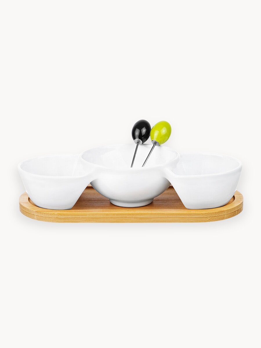 Блюдо - менажница фарфоровая с 3 секциями 22х9,5х5,8 см Elan Gallery Айсберг на деревянной подставке с 2 шпажками