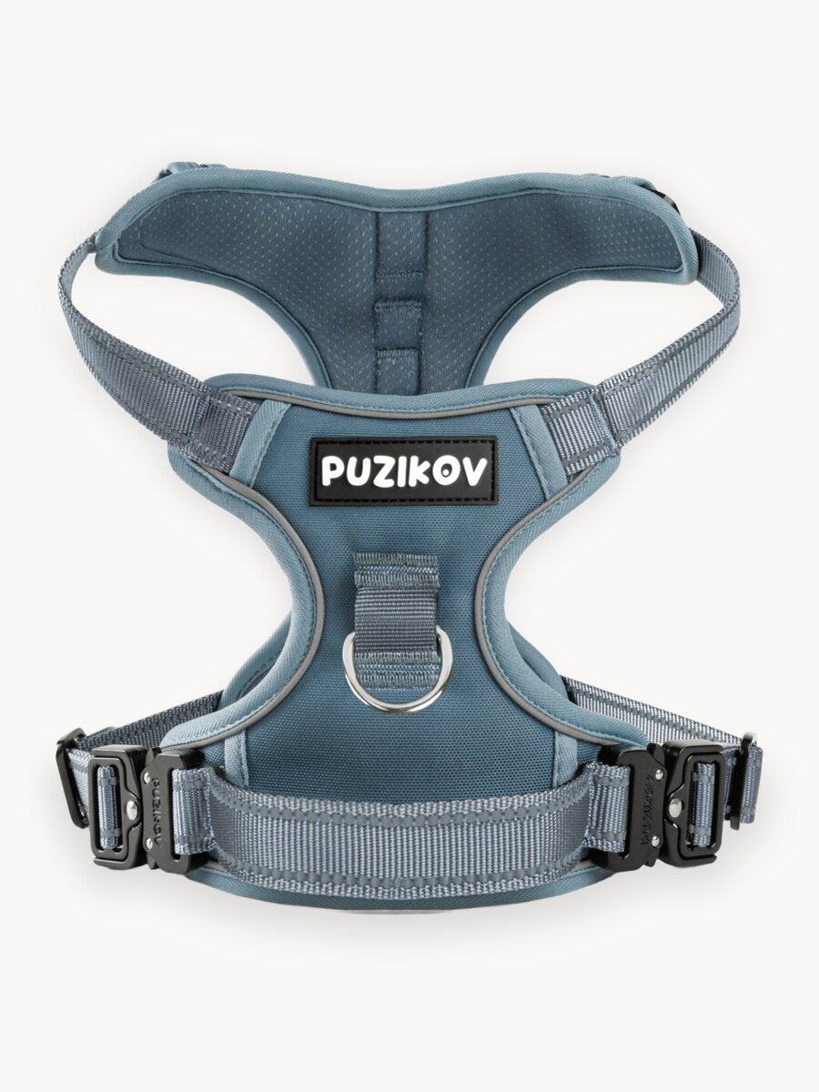 Шлейка для собак с фиксаторами из металла и мягкой ручкой, размер M, голубой, PUZIKOV / пузиков