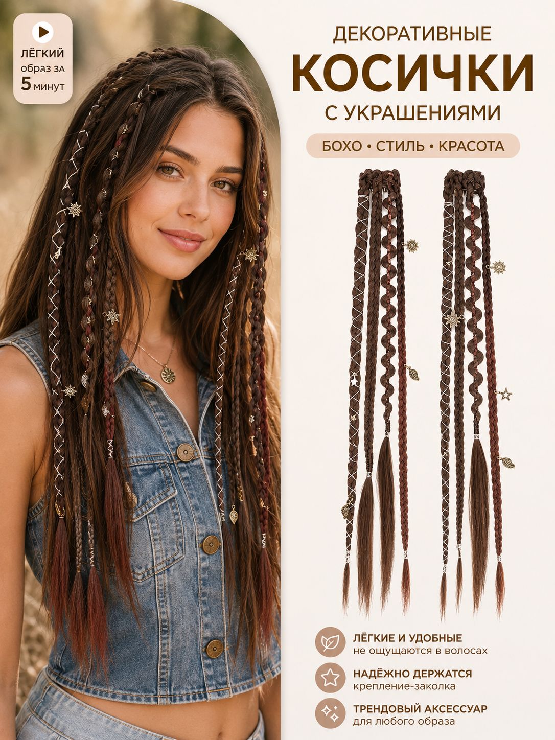 Косички для волос с заколками, бохо-стиль, 50 см