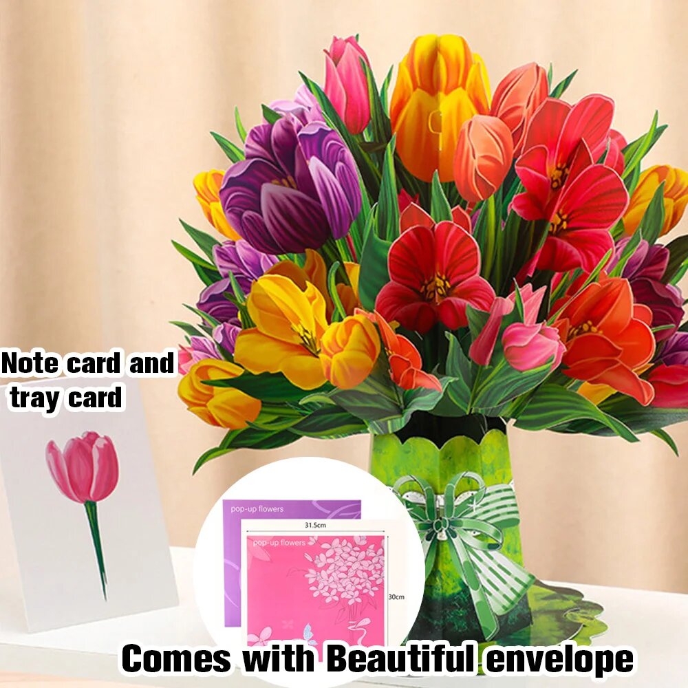 Открытка 3D с букетом цветов и бабочками parehope tulip bouquet