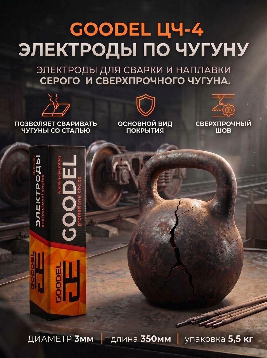 Сварочные электроды по чугуну ЦЧ-4 3мм 5,5 кг Goodel 350мм для ручной дуговой сварки