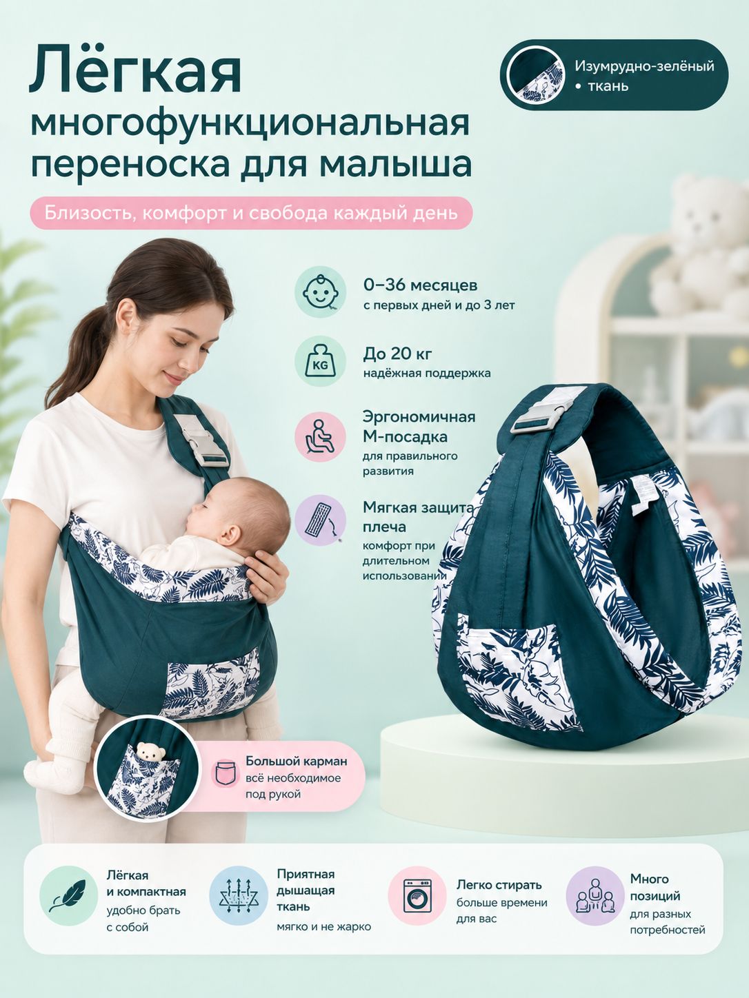 Слинг-переноска для новорождённых и малышей 0 36 месяцев, до 20 кг, многофункциональная, с мягкой лямкой и карманом