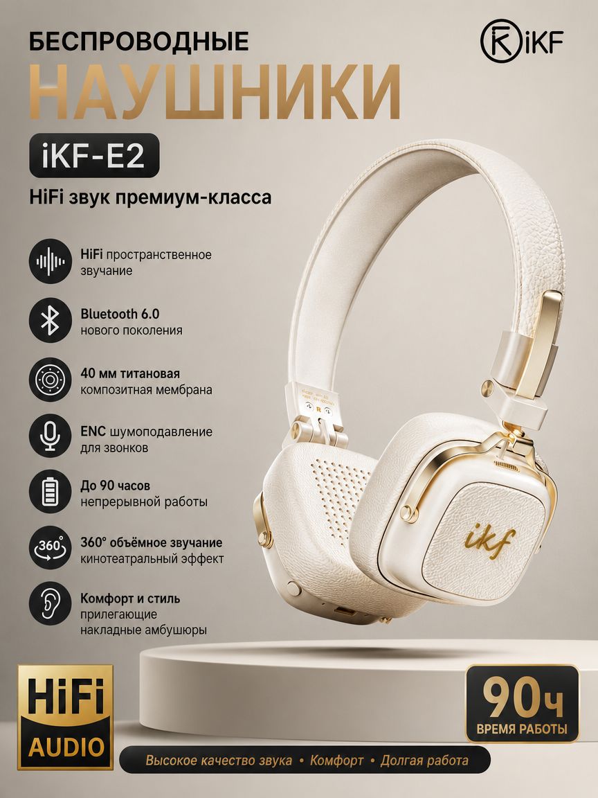 Беспроводные ретро-накладные наушники iKF E2 с Bluetooth 6.0, 40-мм Hi-Fi динамиками, ENC-шумоподавлением, задержкой 35 мс для игр и до 90 часов работы.
