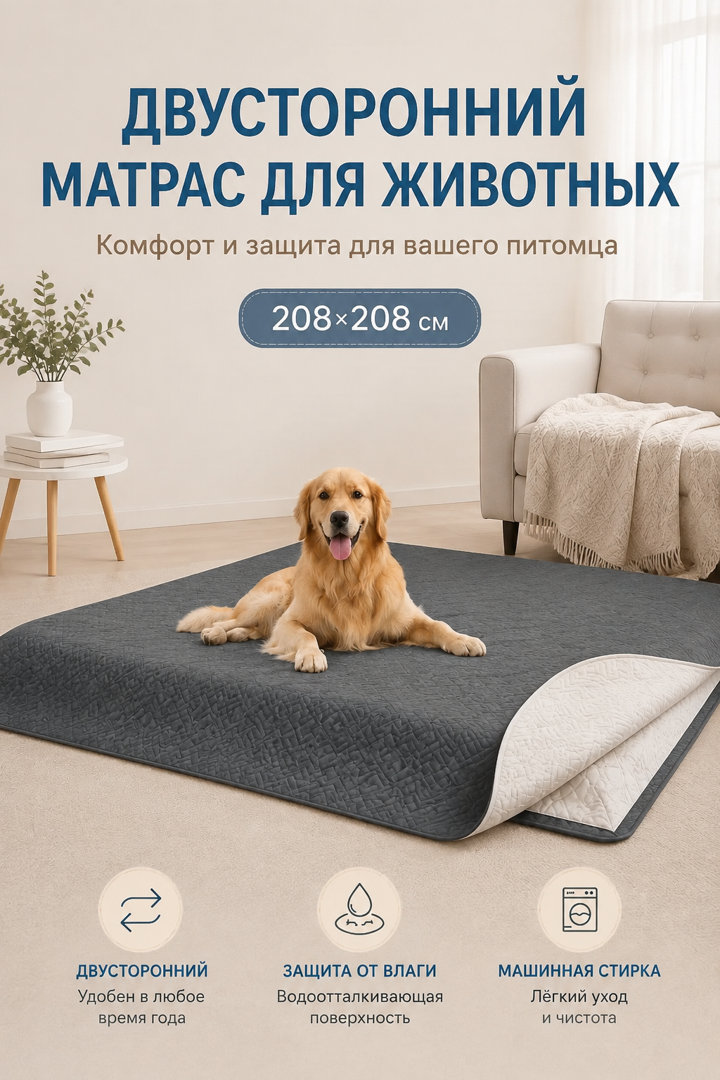 Двусторонний матрас для животных 208×208 см, серый, из войлока