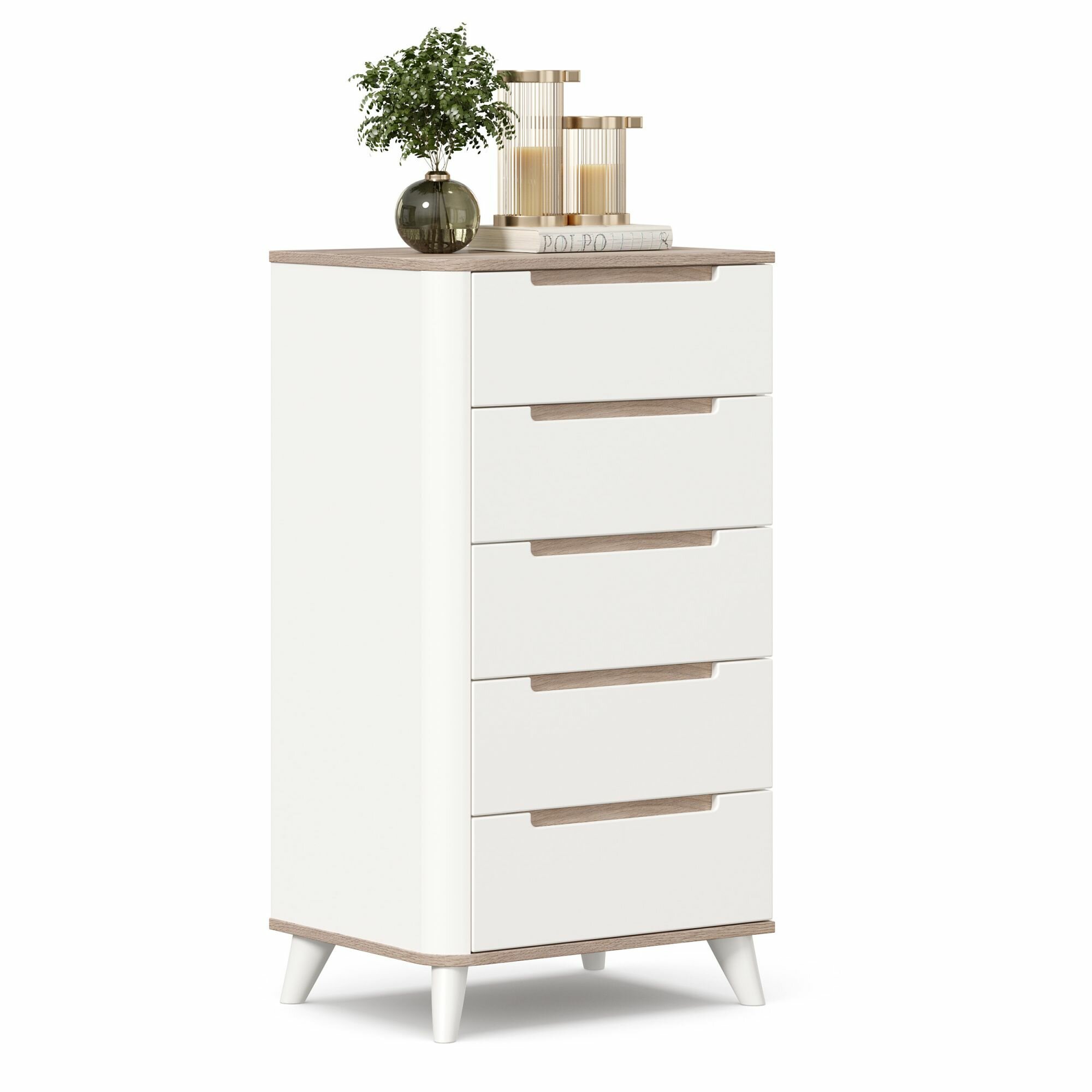 Комод для одежды деревянный Стефания с 5 ящиками, 55.6х42.6х104 см, Дуб Маувелла PR/Белый