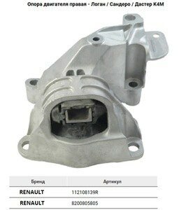 Опора двигателя Renault Duster 1.6i правая - снижает вибрации двигателя