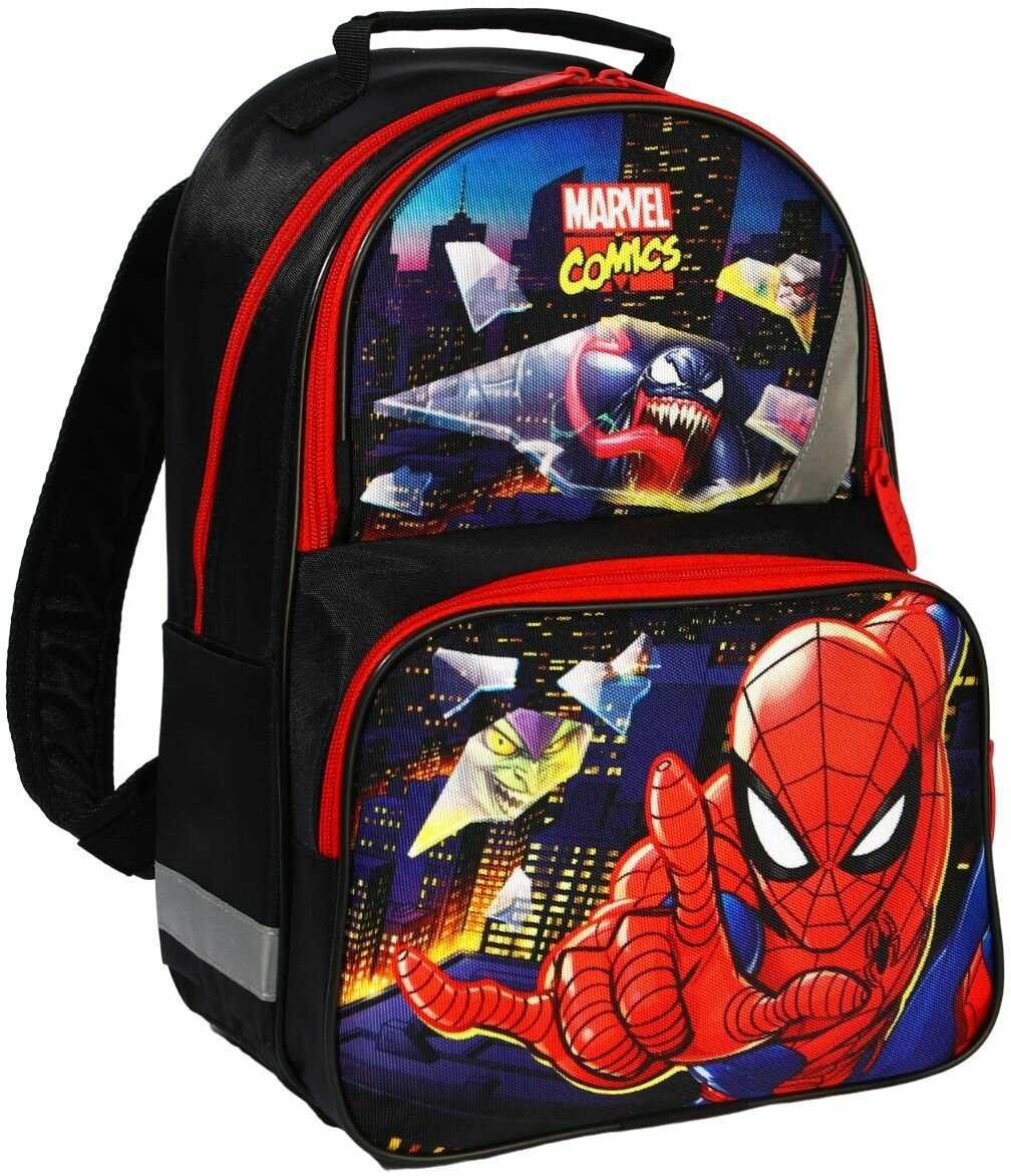 Рюкзак школьный для мальчика "Человек-паук" с эргономической спинкой и светоотражающими вставками, детский ранец для школы, 1-5 класс, одно отделение и два кармана, размер 37 х 26 х 15 см