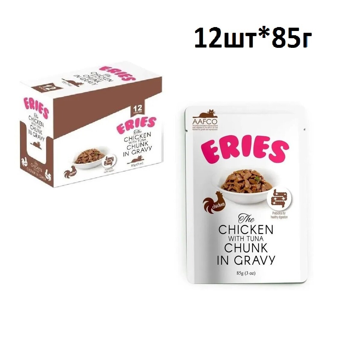 Паучи для кошек Pettric ERIES - Курица с мясом тунца кусочки в соусе 85гр*12шт