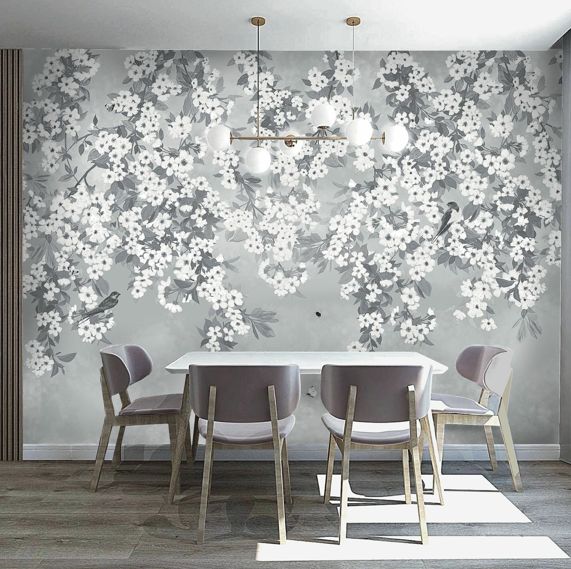 Фотообои бесшовные "Ласточки" светло-серый (ширина 2550мм х длина 3500мм)