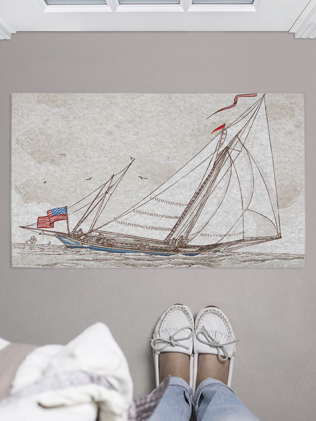 Коврик придверный в прихожую с принтом "Шхуна под американским флагом" 45 на 75 см , JoyArty
