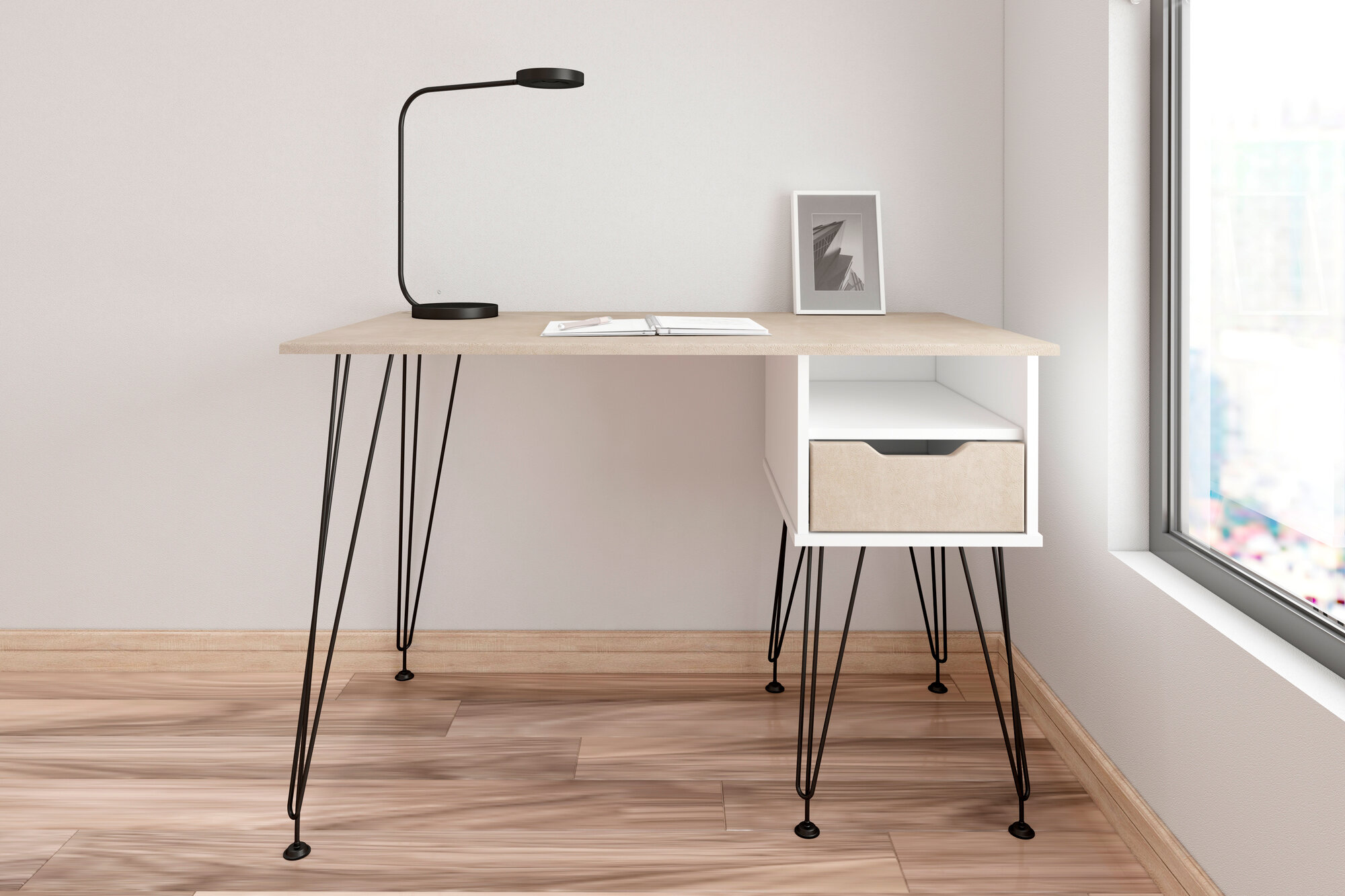 Письменный стол Kraft, с ящиком, МДФ, ЛДСП, белый, 110x60x73 см белый - бетон лофт бежевый