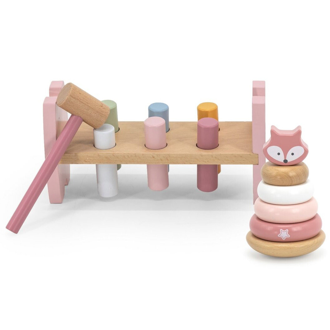 VIGA PolarB Набор 2 в 1 Стучалка-забивалка и пирамидка Лисичка розовый (дерево) 44210 с 1 года