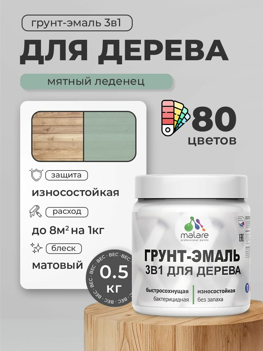 Акриловая Грунт-Эмаль 3 в 1 Malare для деревянных поверхностей/ краска по дереву с антисептическим эффектом/ быстросохнущая моющаяся без запаха матовая, мятный леденец, 0.5 кг