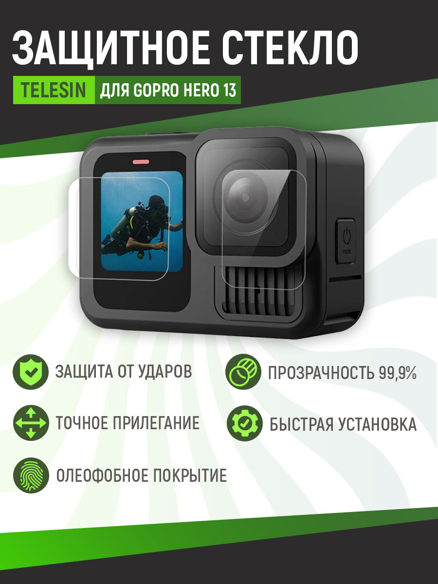 Защитное стекло Telesin для GoPro Hero 13 на экран и линзу, S6-FLM-08-TGP