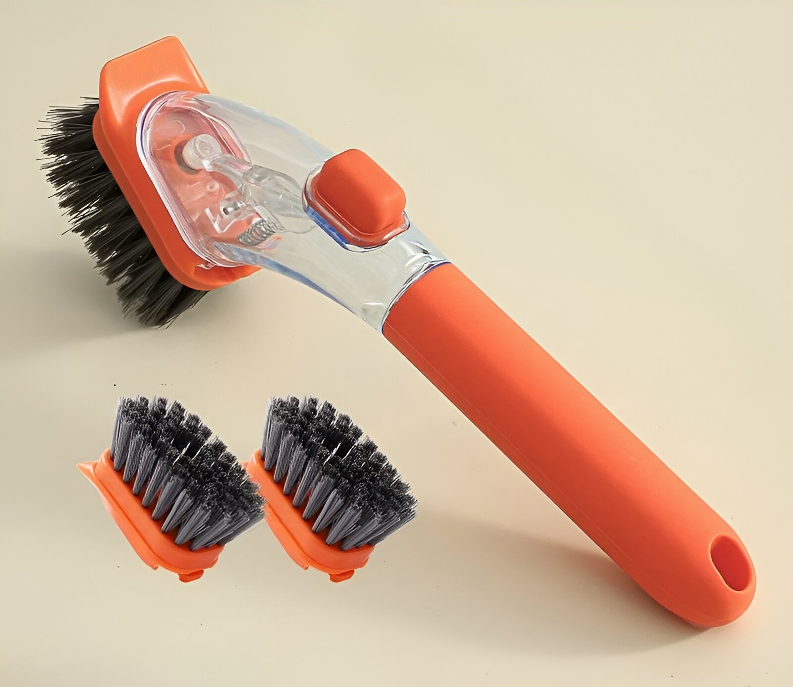 Щетка для мытья посуды кухонная с дозатором + 3 насадки, длинная ручка, ПЭТ, цвет оранжевый