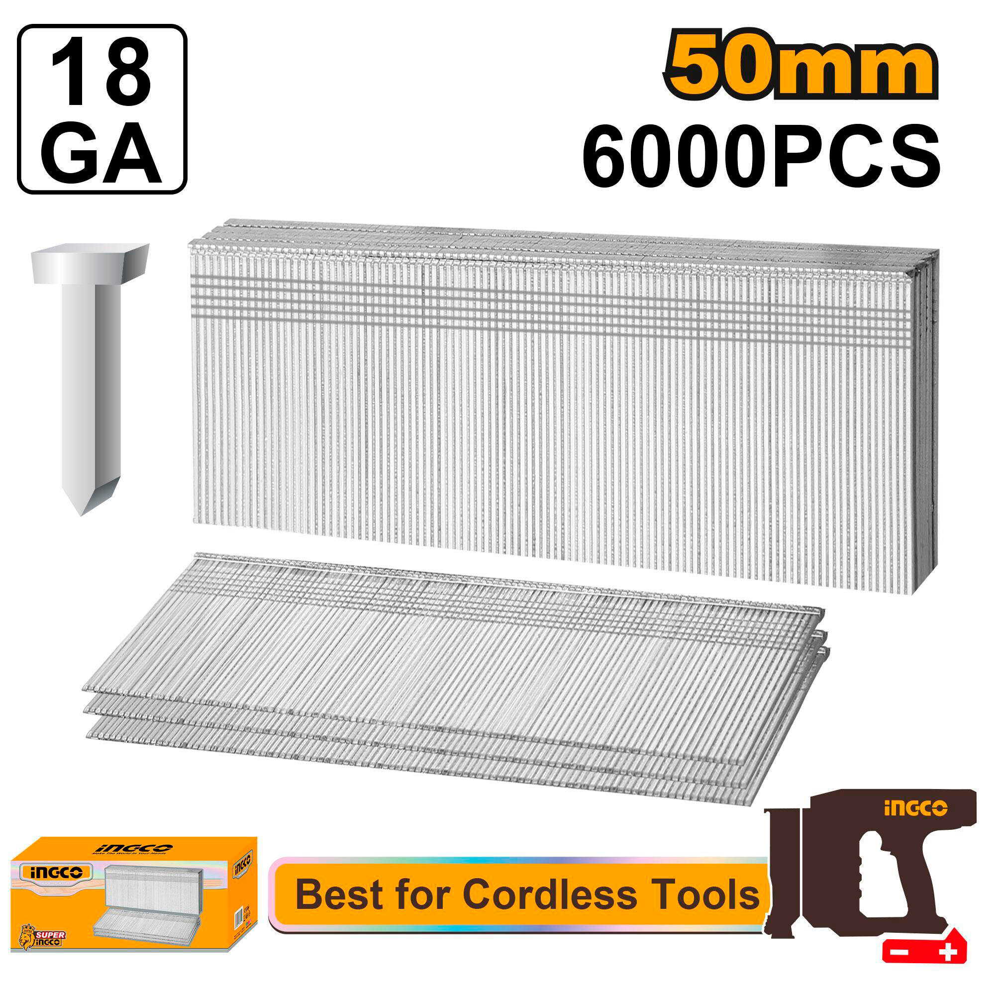 Гвозди для нейлера INGCO 18GA 50x1.25x1 мм 6000 шт. SUPER INDUSTRIAL ANA18506