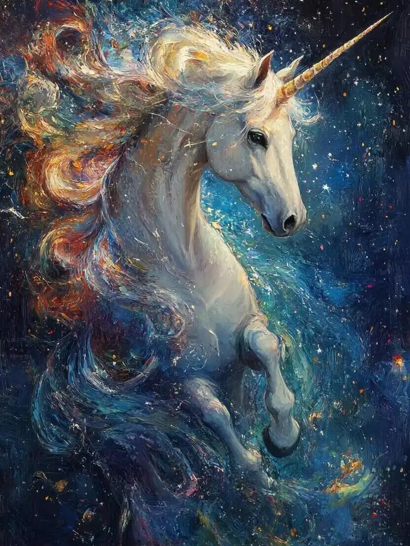 Алмазная мозаика на подрамнике "Звездный единорог" круглые бриллианты 40х50см