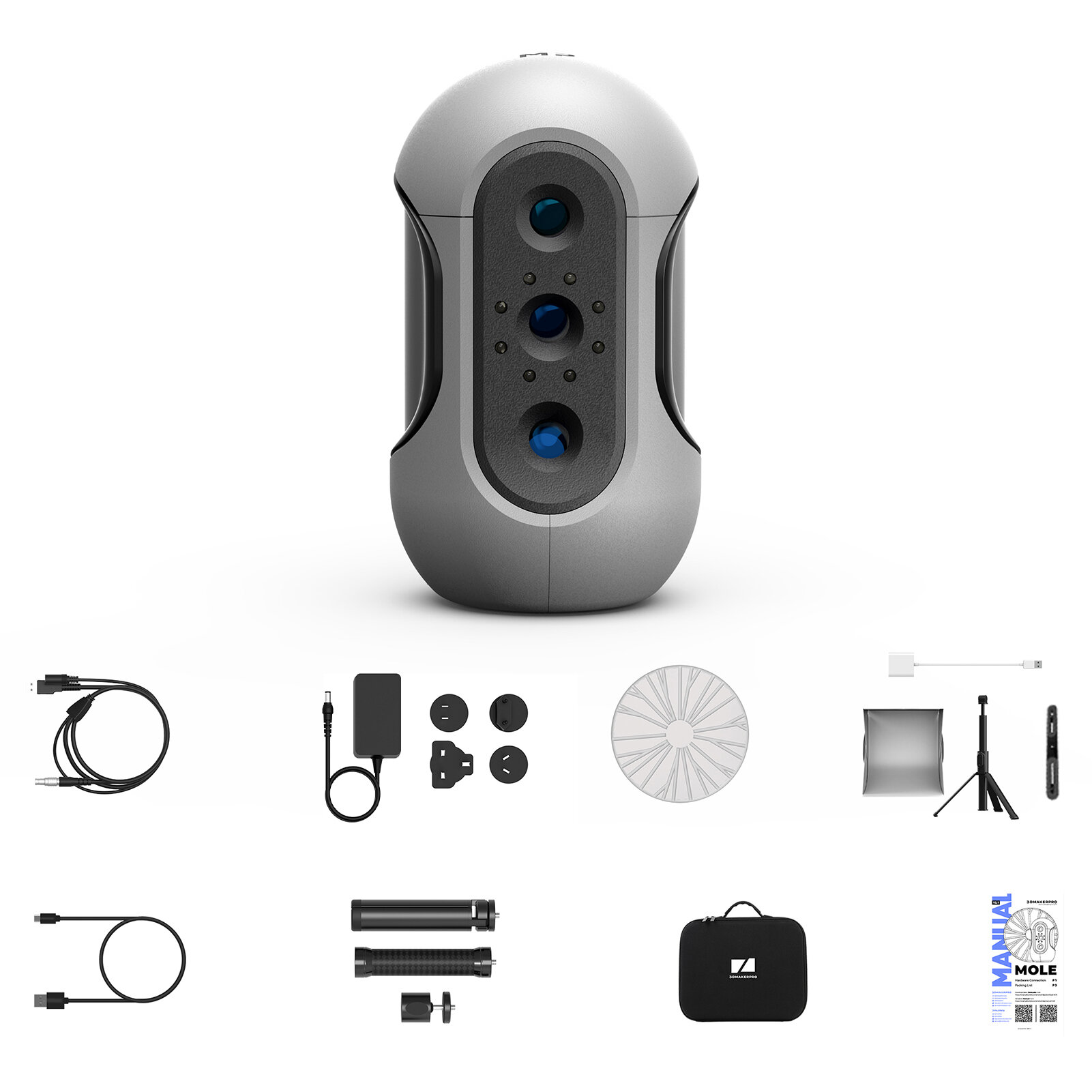 3DMakerpro Mole Проводной портативный 3D сканер для 3D принтера Точность 0.05мм Разрешение 0.1мм Скорость сканирования 10FPS Черные объекты С антидрожательными линзами Поддержка вращательной платформы Диапазон 15-1500мм USB2.0 Форматы OBJ/STL/PLY