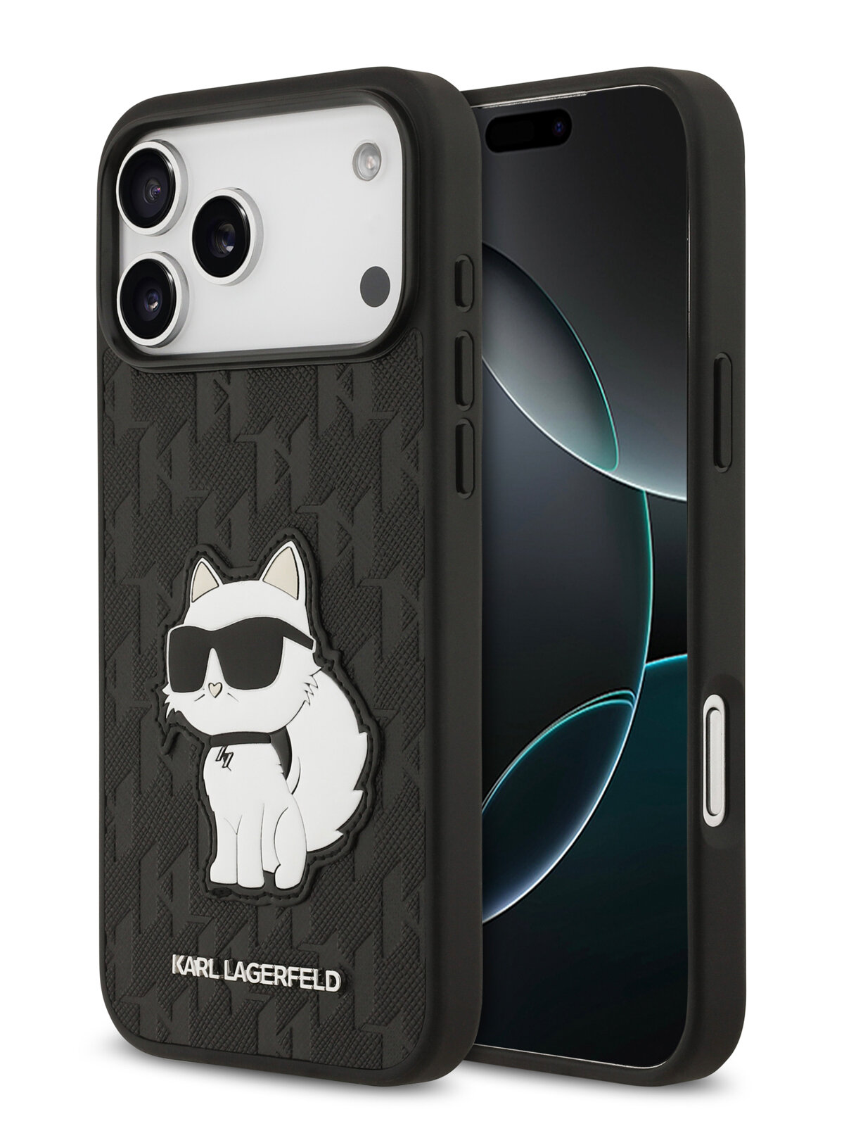 Чехол Karl Lagerfeld на iPhone 17 Pro, из экокожи Saffiano, с принтом NFT Choupette, черный