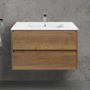 Тумба с раковиной Vincea Gio 80 подвесная, 81, 5 см, темное дерево, матовая, из ЛДСП, с ящиками, раковина для ванной, фарфоровая, прямоугольная, встроенный слив-перелив, лофт