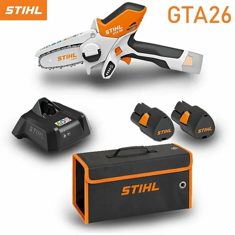 Цепная пила STIHL GTA 26, 10,8 В, 300 Вт, 2 батареи, скорость резки 8 м/с, шины 10 см.