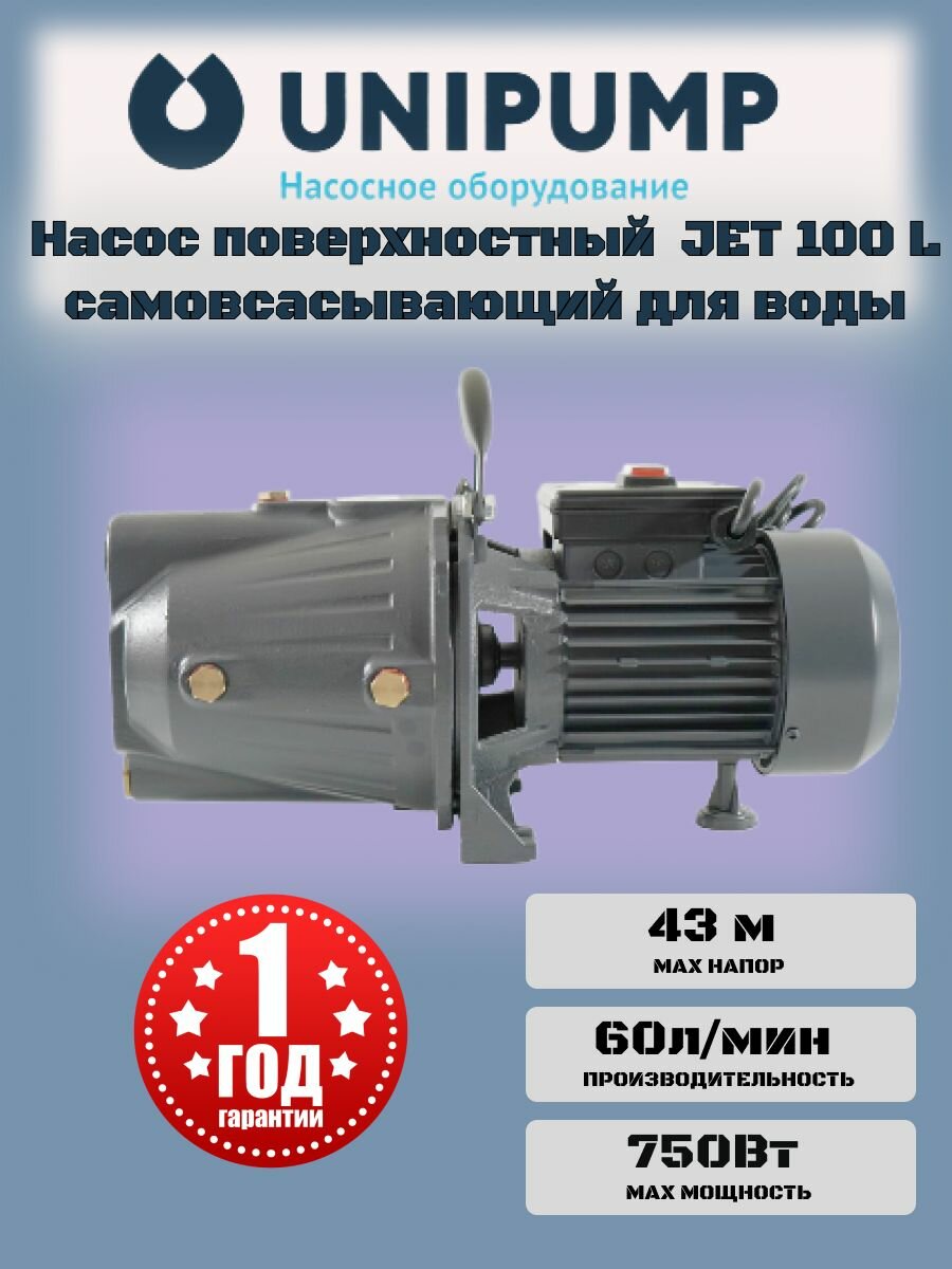 Насос поверхностный UNIPUMP JET 100 L 750Вт 60л/мин 43м самовсасывающий для воды