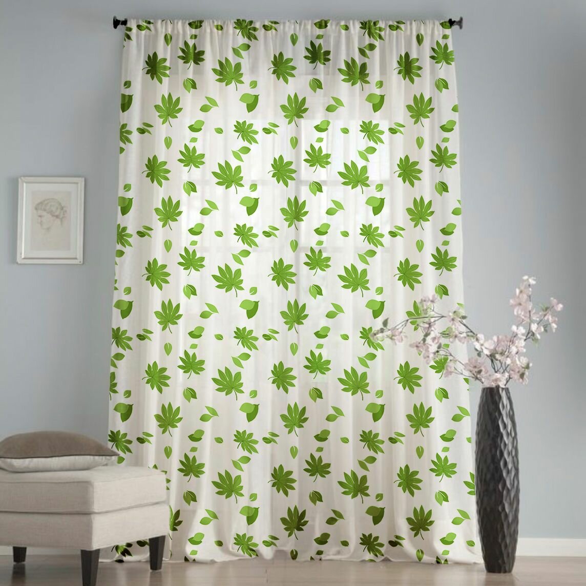 Тюль с рисунком одним полотном на ленте под крючки арт КЛЕН-4888 цвет зеленый