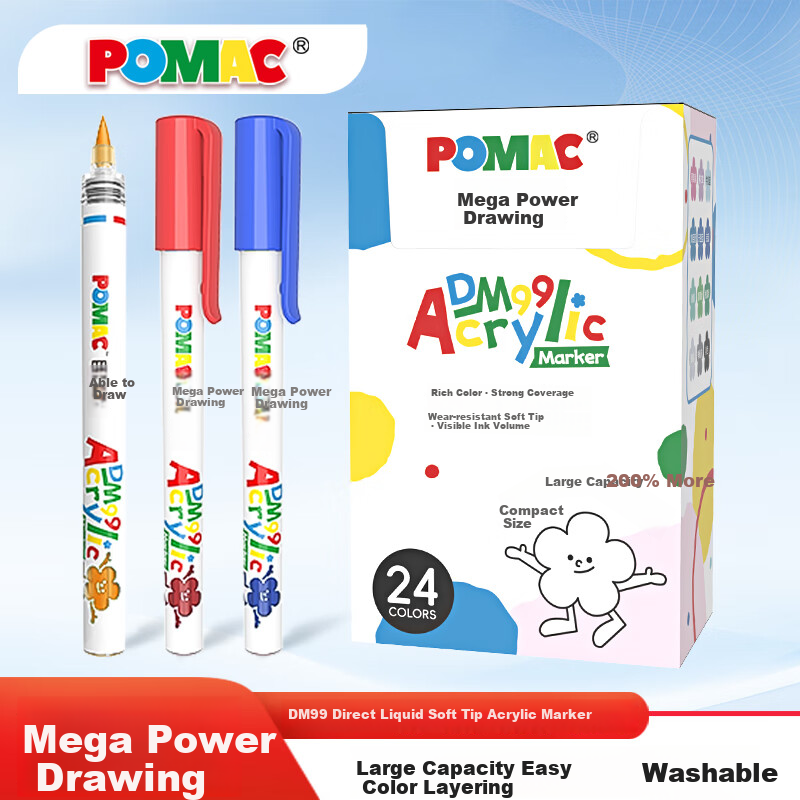 Snowhite POMAC Super Drawing Fine Tip Acrylic Marker Pen for Elementary School Students, Non-bleeding, Stackable, Non-toxic, Washable, Colorful Graffiti Pen Paint DM99 24-Pack