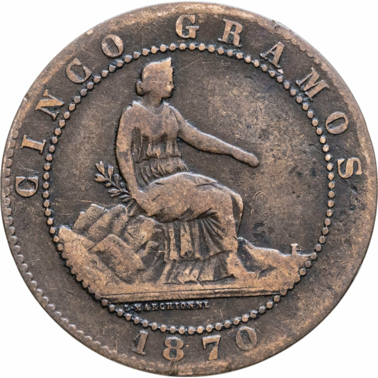 Испания 5 сентимо centimos 1870, Медь, в сохранности VF