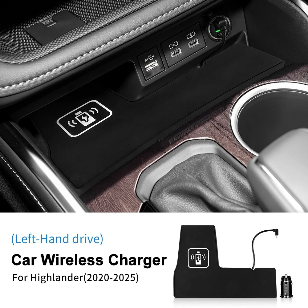 Автомобильное беспроводное зарядное устройство для Toyota Highlander 2020 2021 2022 2023 2024 2025 Мобильный телефон Быстрая зарядка Держатель 15 Вт Зарядное устройство Плата Аксессуары