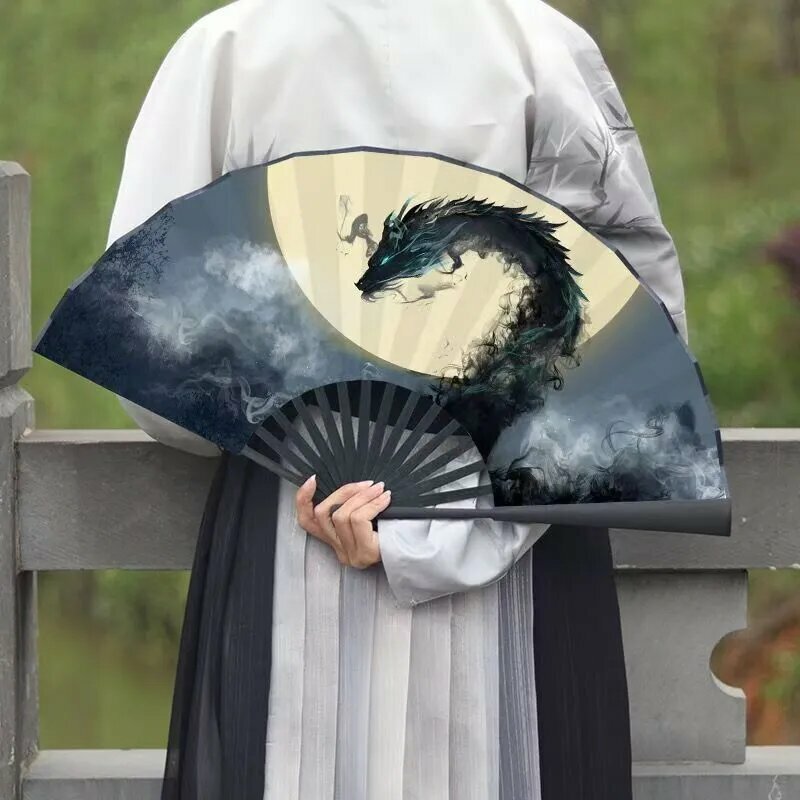 Складной веер с изображением китайского дракона, шелковая ткань, двусторонняя печать, большой размер