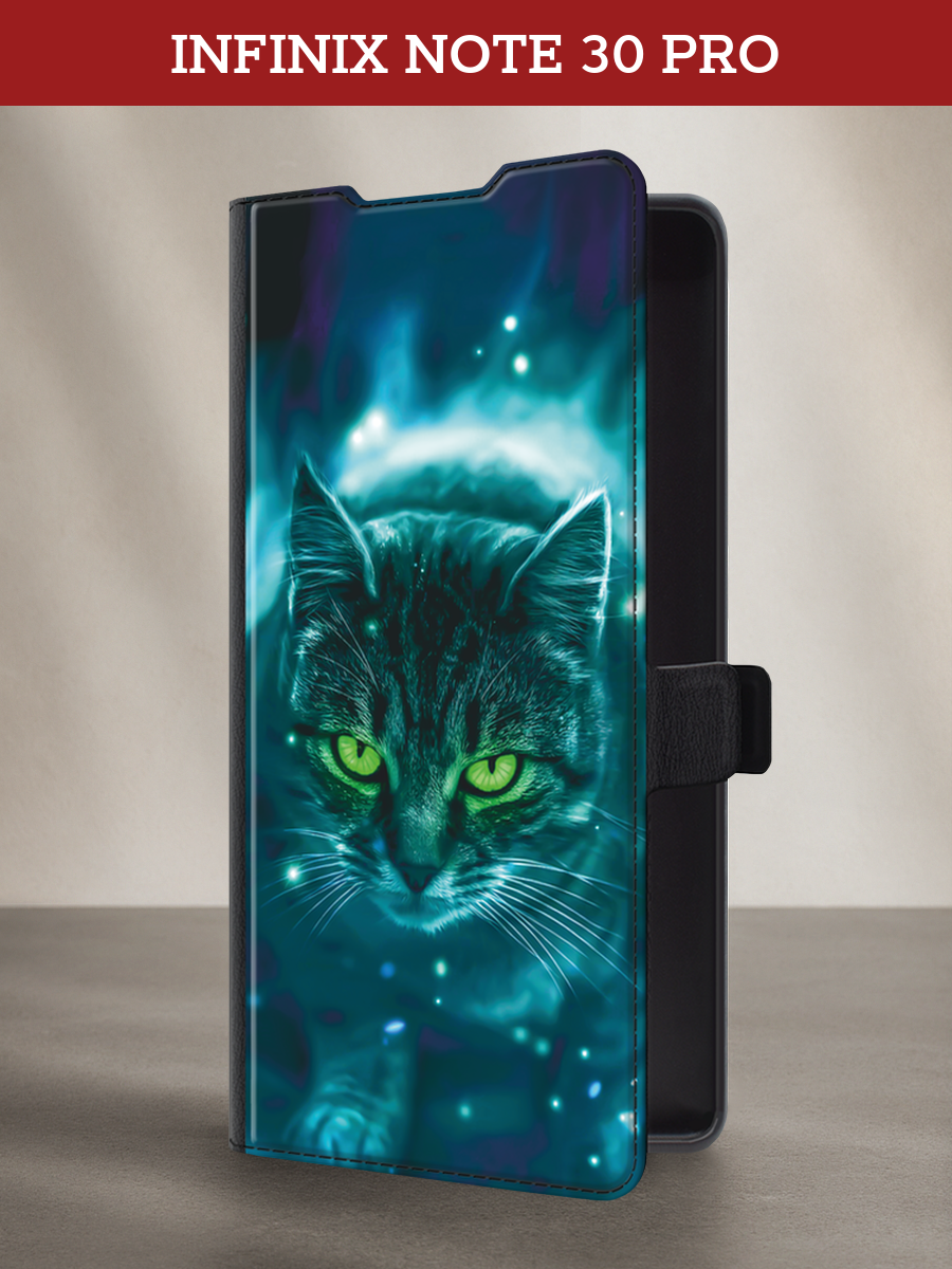 Чехол-книжка на Infinix Note 30 Pro / Инфиникс Нот 30 Про с принтом Зеленоглазый кот, черный