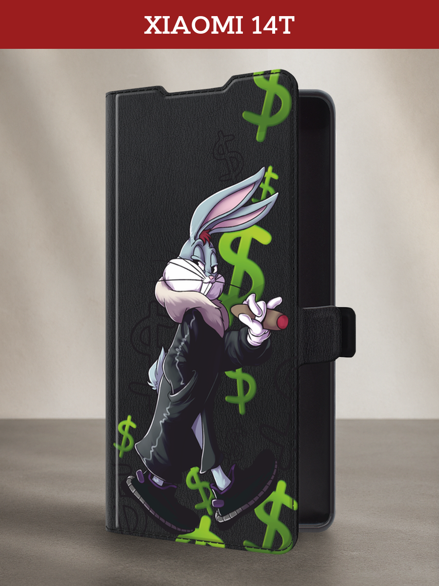 Чехол-книжка на Xiaomi 14T / Сяоми 14Т с принтом Rich Bugs Bunny, черный