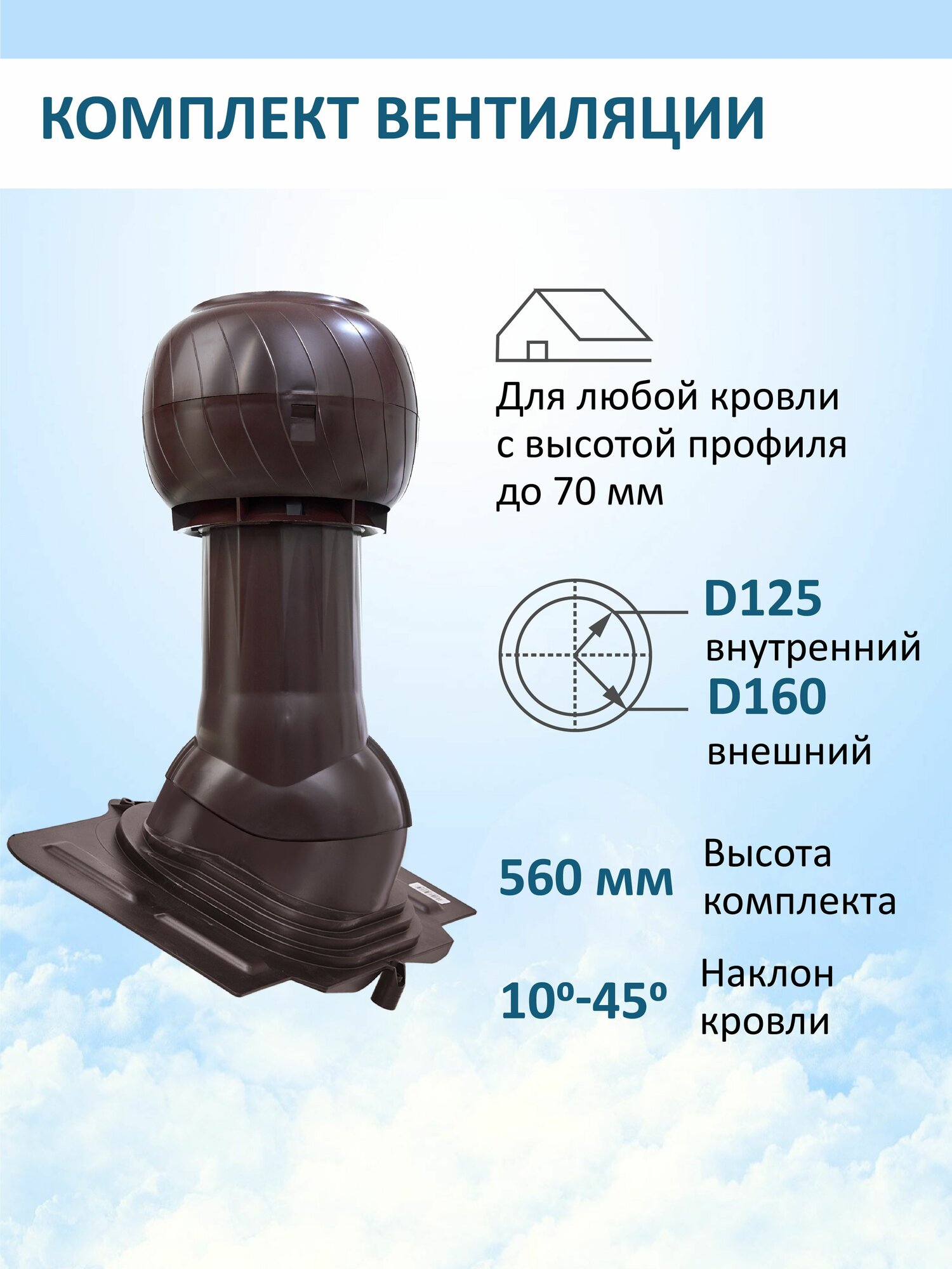 Готовый комплект изолированный: универсальный для любой кровли, 125/160 мм, RAL8017, Gervent, серия Static (колпак)