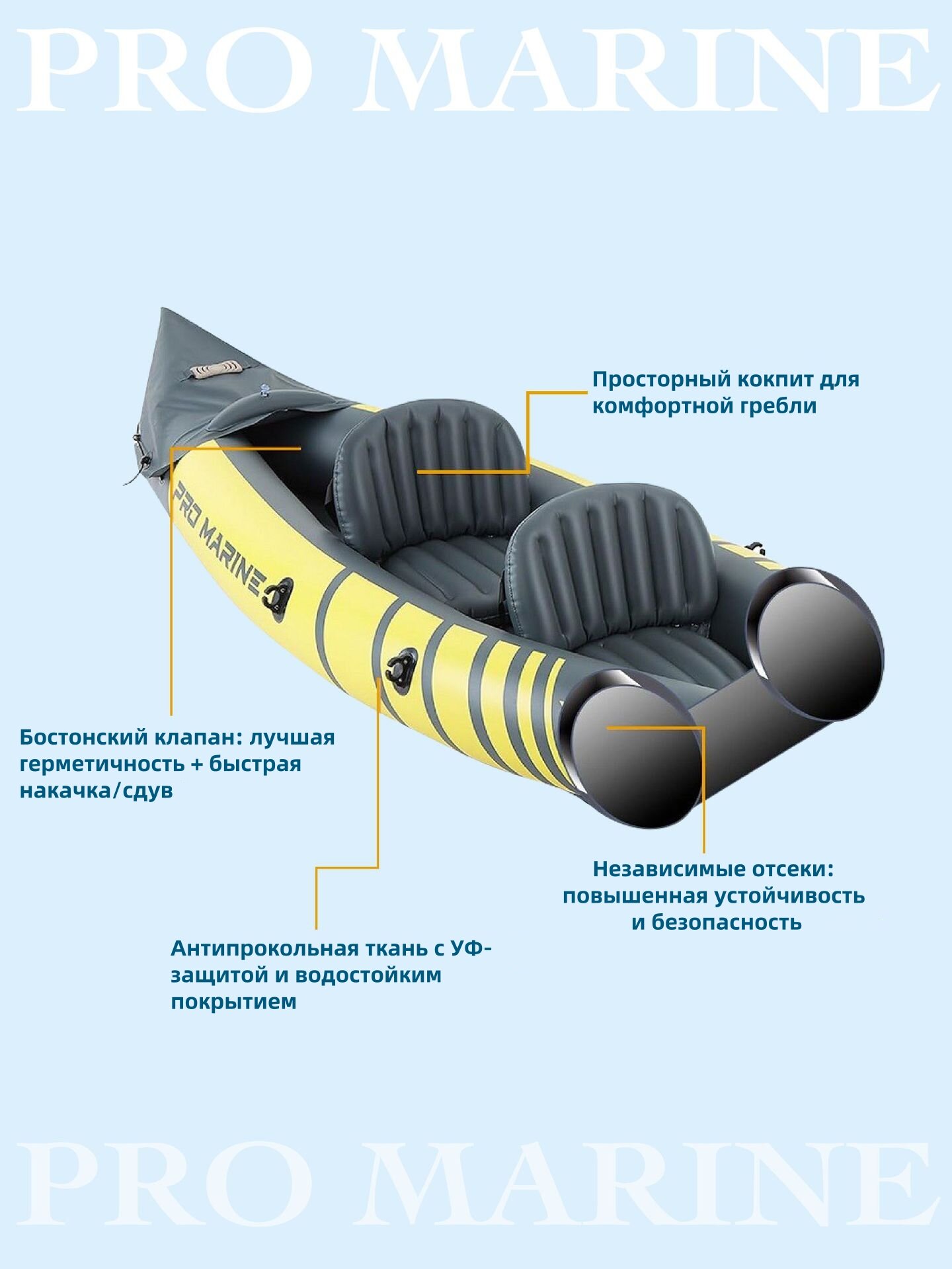 Люкс надувная байдарка на 2 чел. 316×98×47см V-нос + съёмное сиденье, жёлтый, грузоподъемность 180кг — фото 1