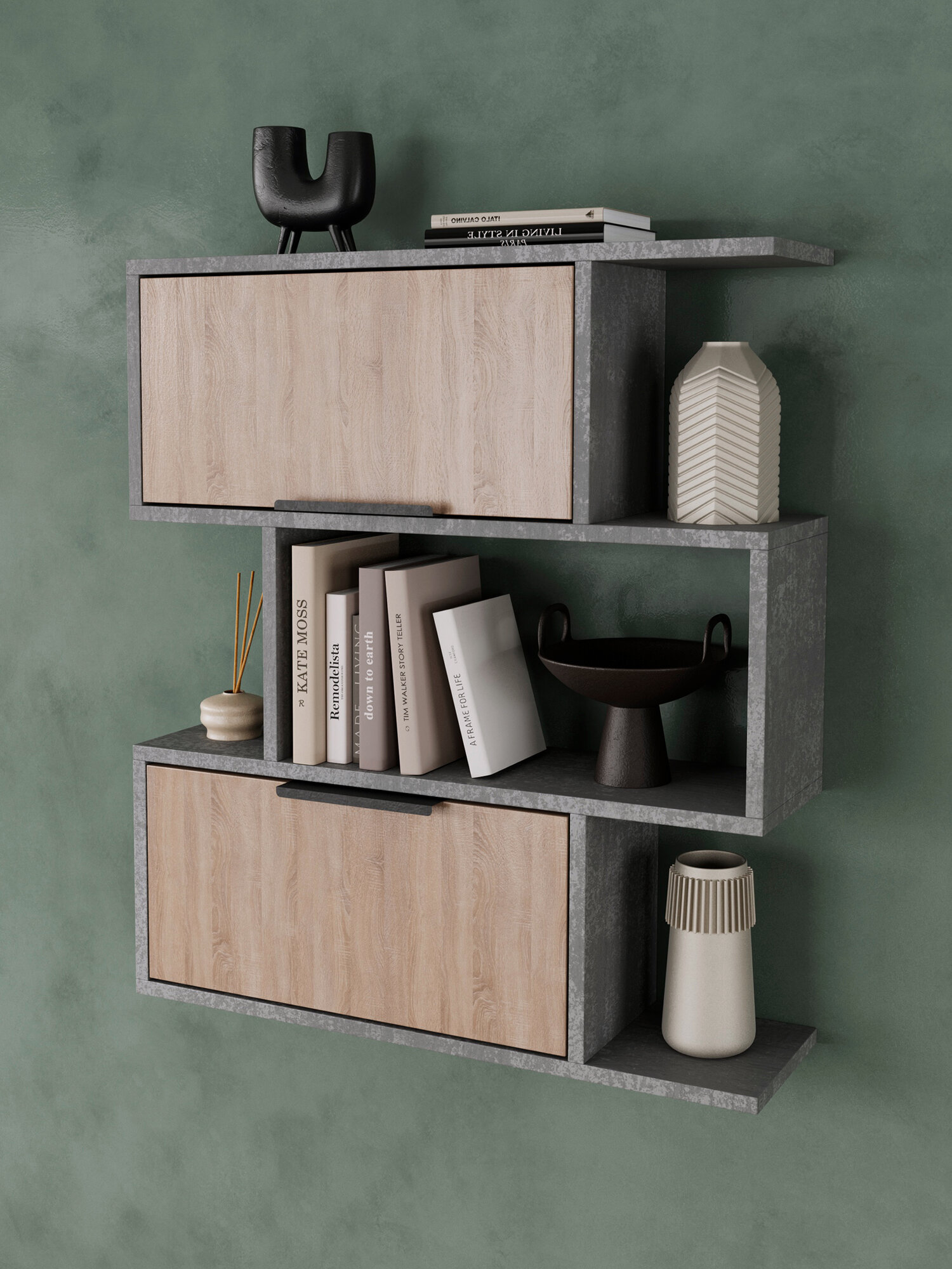 Настенная полка JUST HOUSE, с дверками, ЛДСП, серая, 68х78,5х18 см