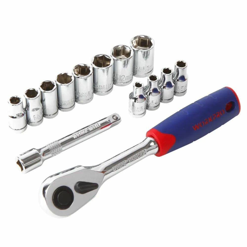 WORPRO Набор торцевых головок с трещоткой и удлинителем 1/4 14шт (WP202556)