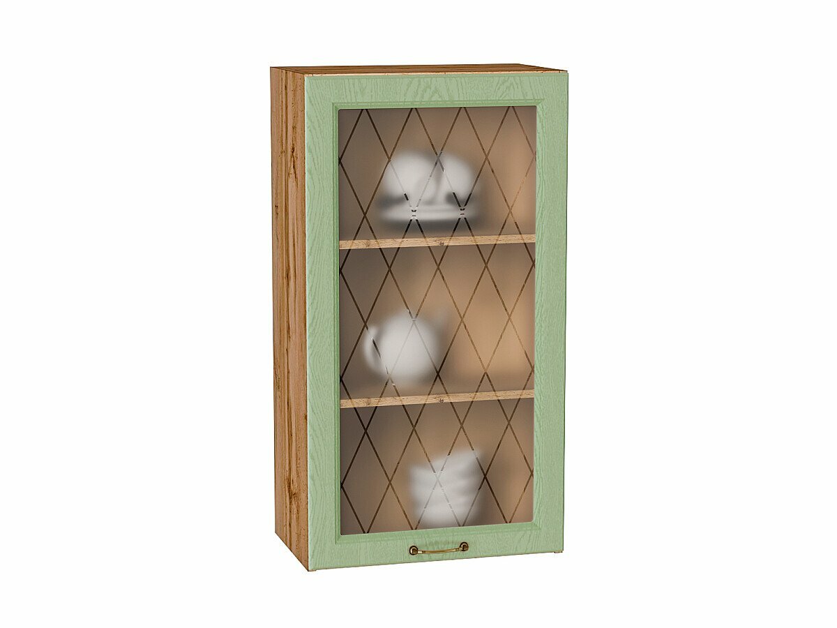 Шкаф верхний с 1-ой остекленной дверцей Ницца, цвет фасада Дуб оливковый, цвет каркаса Дуб Вотан, стекло White Сrystal, 920*500*318 мм