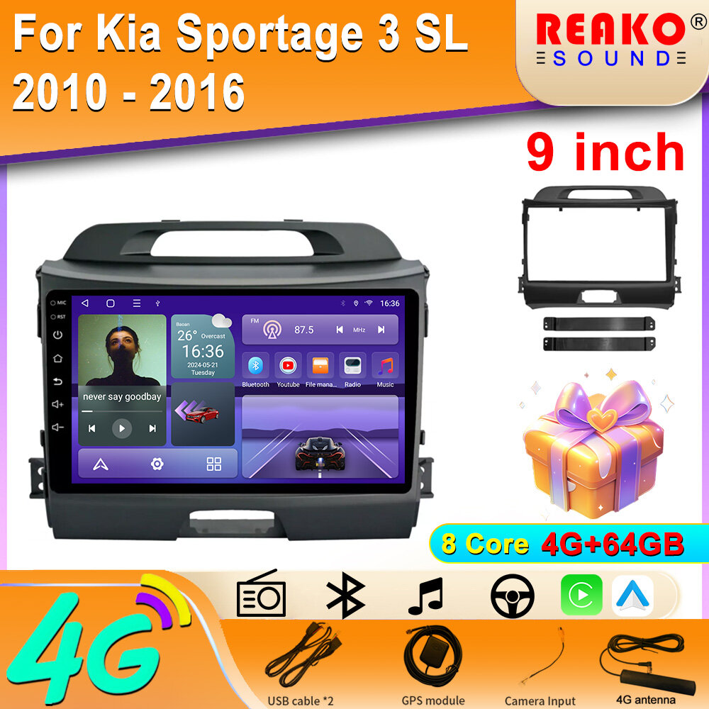 Магнитола для Kia Sportage 3 SL 2010 - 2016 , 8 ядерный процессор 4/64Гб ANDROID 10, QLED экран 9 дюймов, Wifi