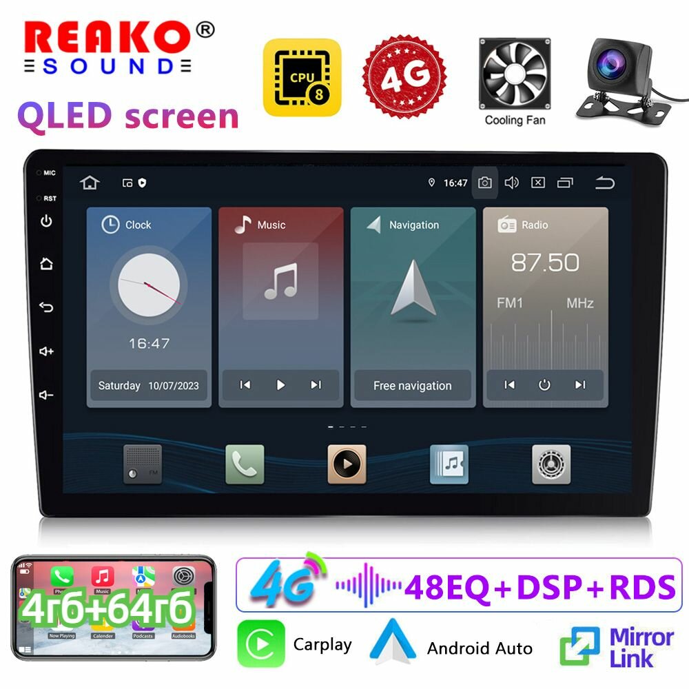 Магнитола Android 12 QLED экран 8-ми ядерный процессор 10 дюймов 4+64гб Carplay DSP 48полос 4G(Sim)