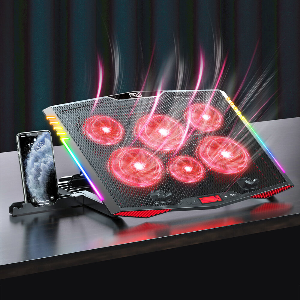 Регулируемая мощная охлаждающая подставка для ноутбуков,6 вентиляторов, подсветка,7 углов наклона, держатель телефона,2 USB, для экрана 13"-19", STM IP100