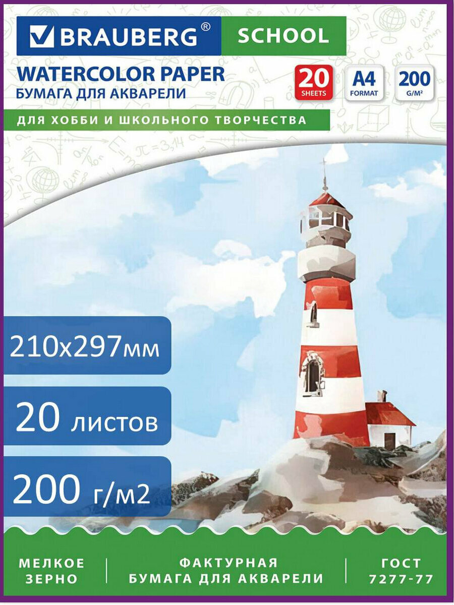 Бумага в папке для акварели художественная А4, 20 л, 200 г/м2, индивидуальная упаковка, Brauberg School, 114301