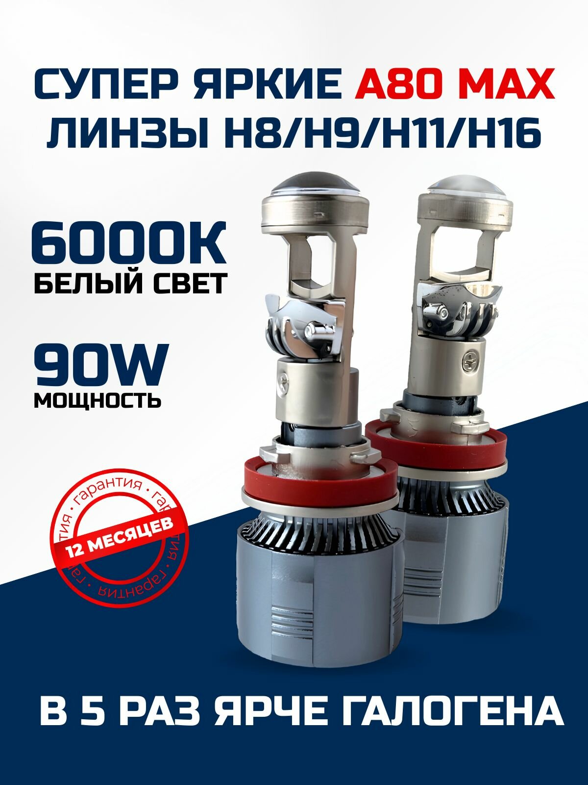 Мини линзы A80 H11 MAX - Светодиодные лампы H11, LED лампы Н11 H8 H9 H16 с линзой