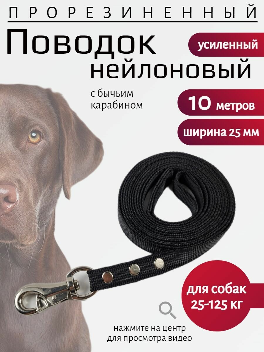 Поводок Хвостатыч для собак нейлон прорезиненный с усиленным карабином 10 м х 25 мм (черный)