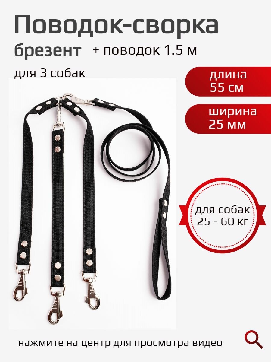 Сворка Хвостатыч для трёх собак брезент 55 см х 25 мм с поводком 1.5 м (черный)