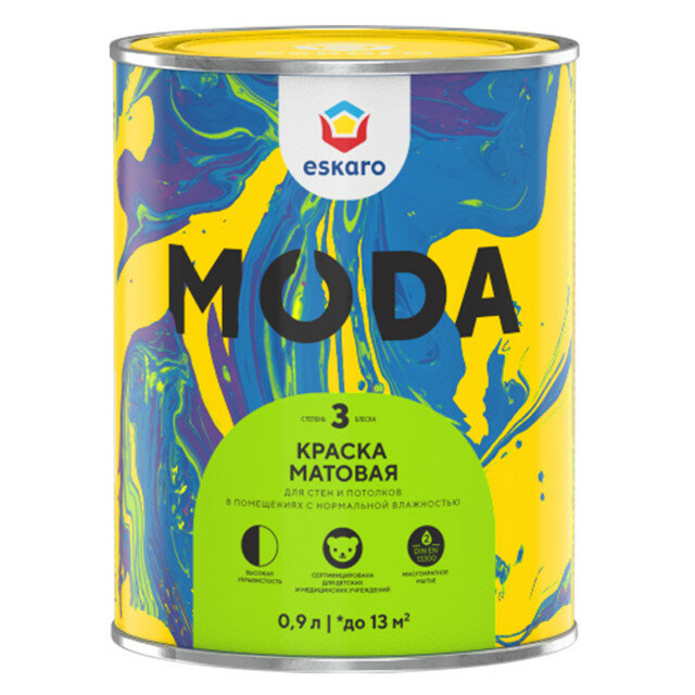 Краска акриловая ESKARO Moda 3 база TR для стен и потолков 0,9л бесцветная, арт.4630042540408