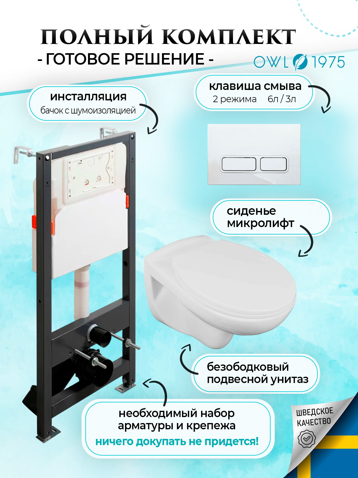Инсталляция с унитазом комплект 4 в 1 OWL 1975 Fredo безободковый+IN-005.04 кнопка хром матовая +IN-500G