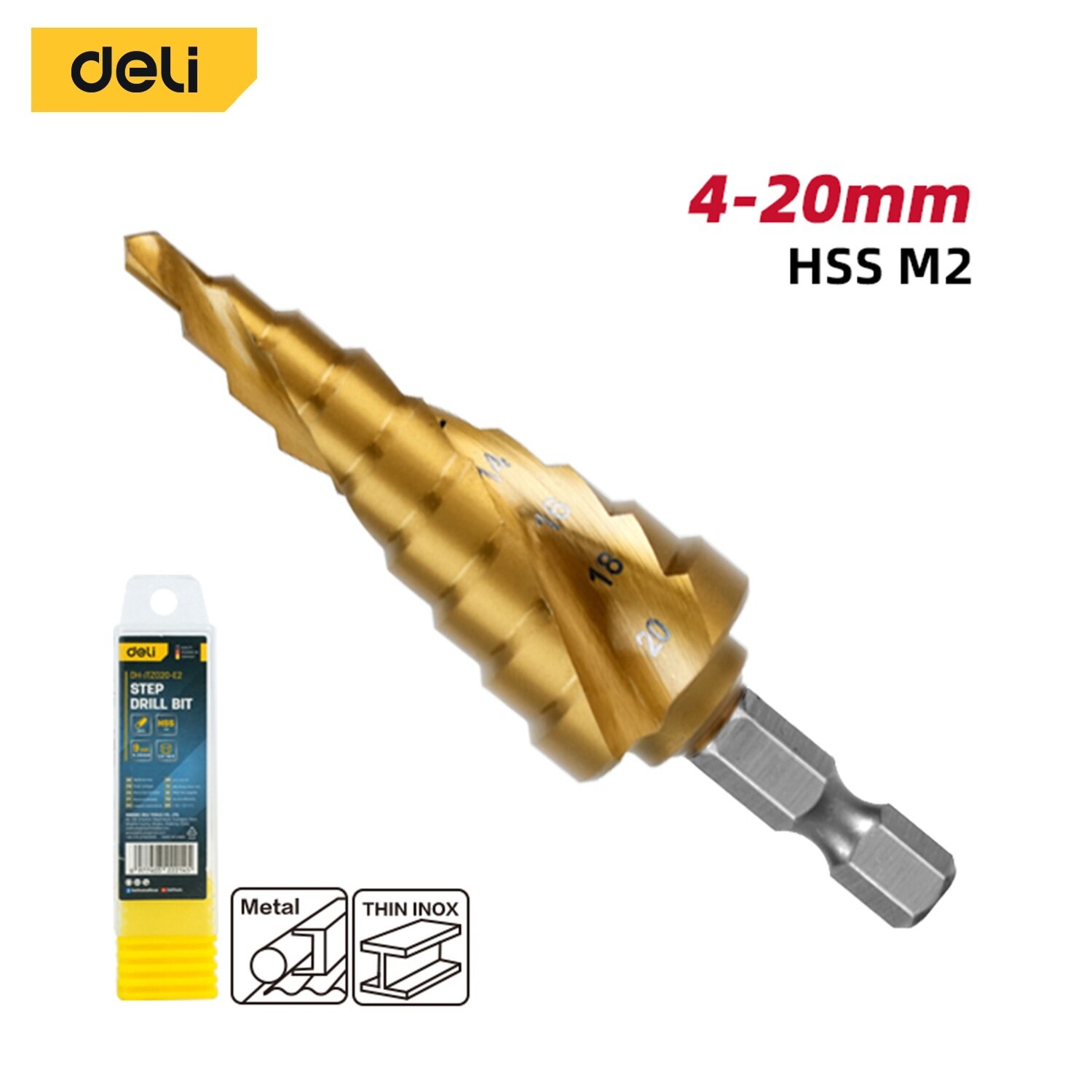 Сверло ступенчатое по металлу 4-20мм Deli DH-JTZ020-E2 (HSS M2, спиральная канавка, шестигранный хвостовик)